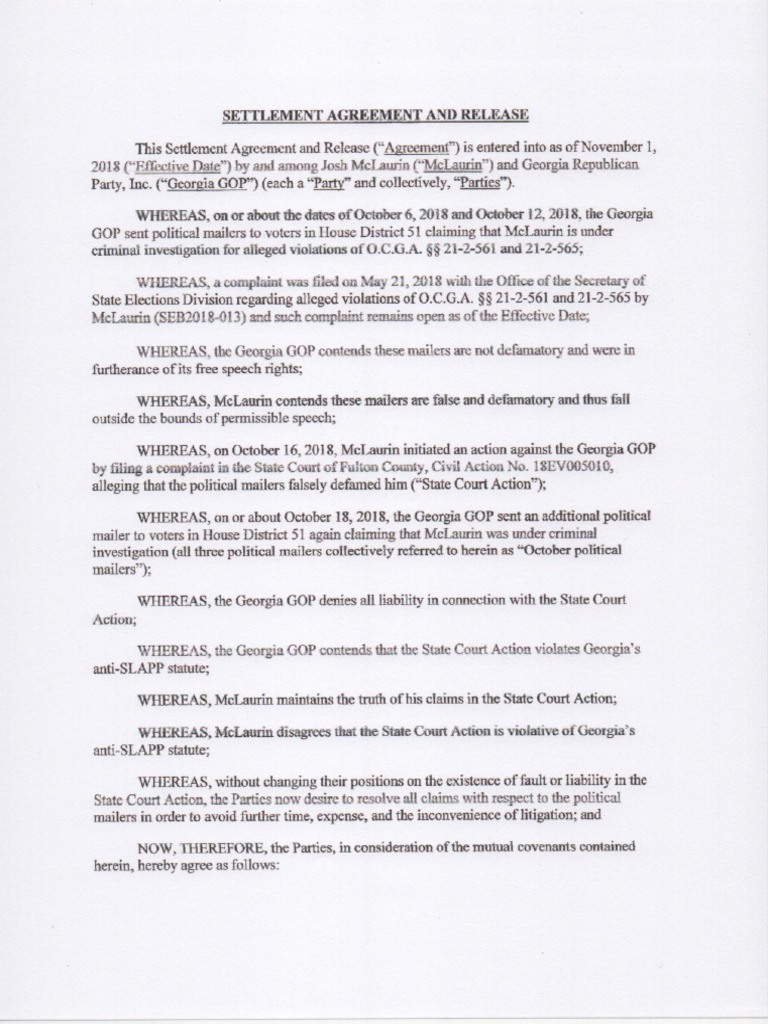 Settlement Between Georgia GOP and McLaurin | PDF