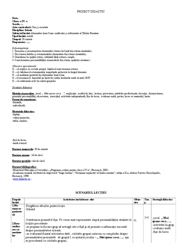0 Proiect Didactic Istorie Clasa A IV A | PDF