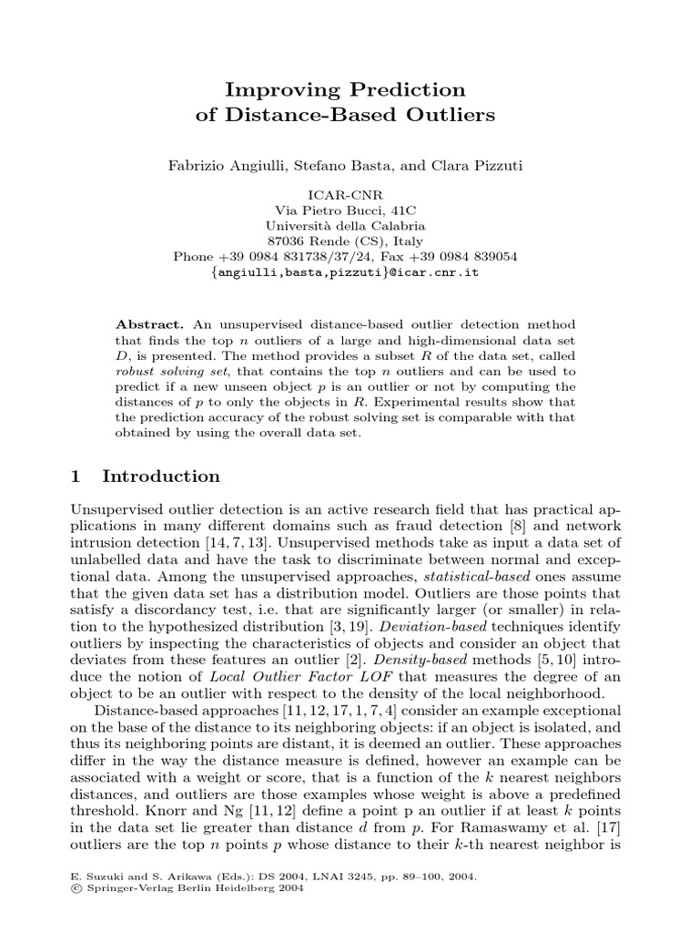 Improving Prediction of Distance Based OUTLIERS | PDF | Outlier | Data ...