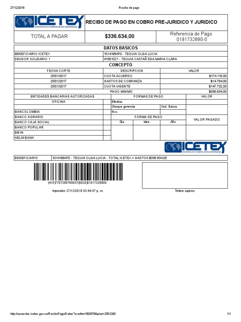 Recibo Pago ICETEX Cobro Jurídico | PDF | Business