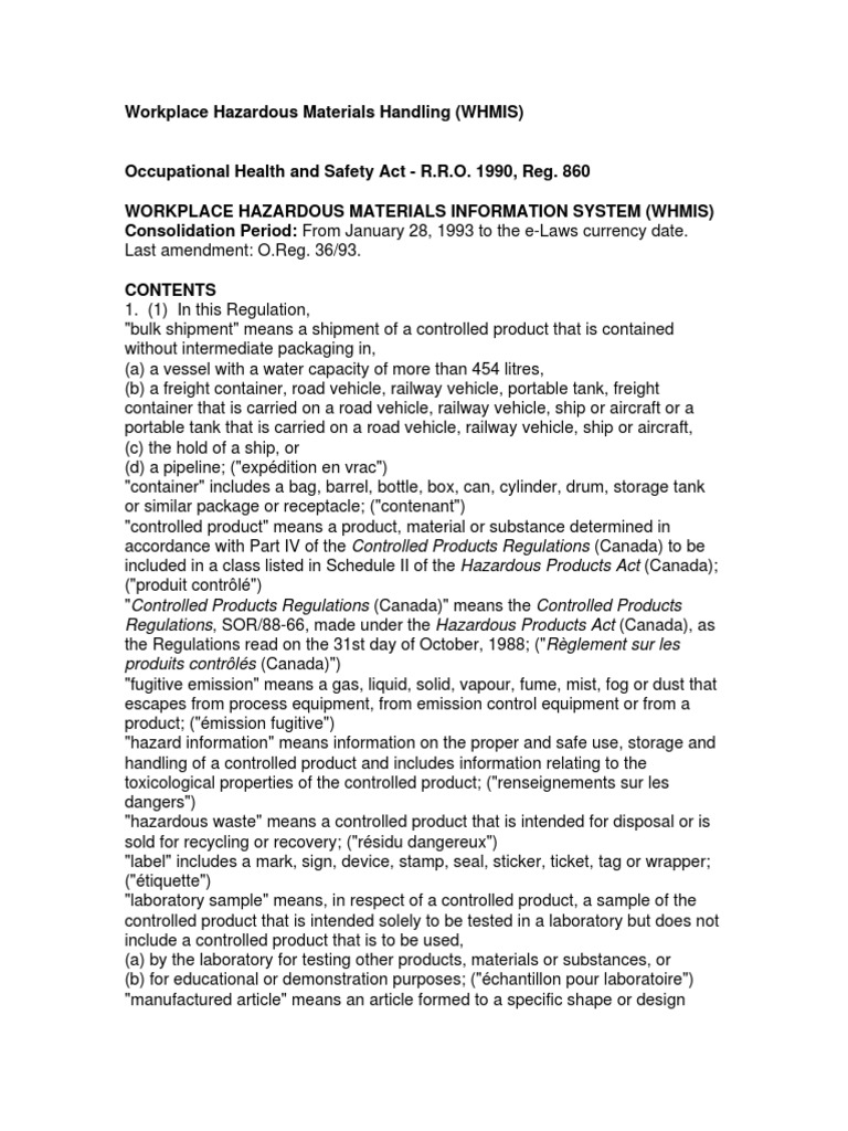 Workplace Hazardous Materials Handling (WHMIS) | PDF | Dangerous Goods ...