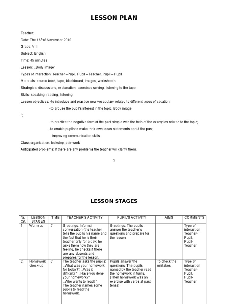 Body Image Lesson Plan for Grade VIII | PDF | Question | Lesson Plan