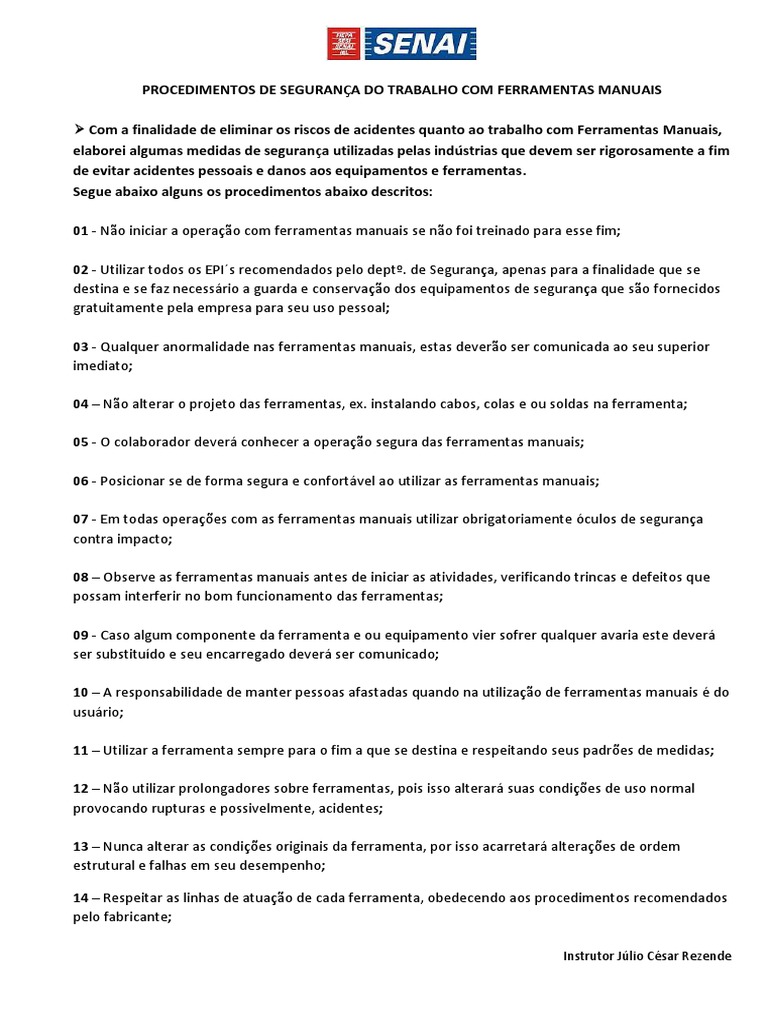 Procedimentos de Segurança Do Trabalho Com Ferramentas Manuais | Natureza