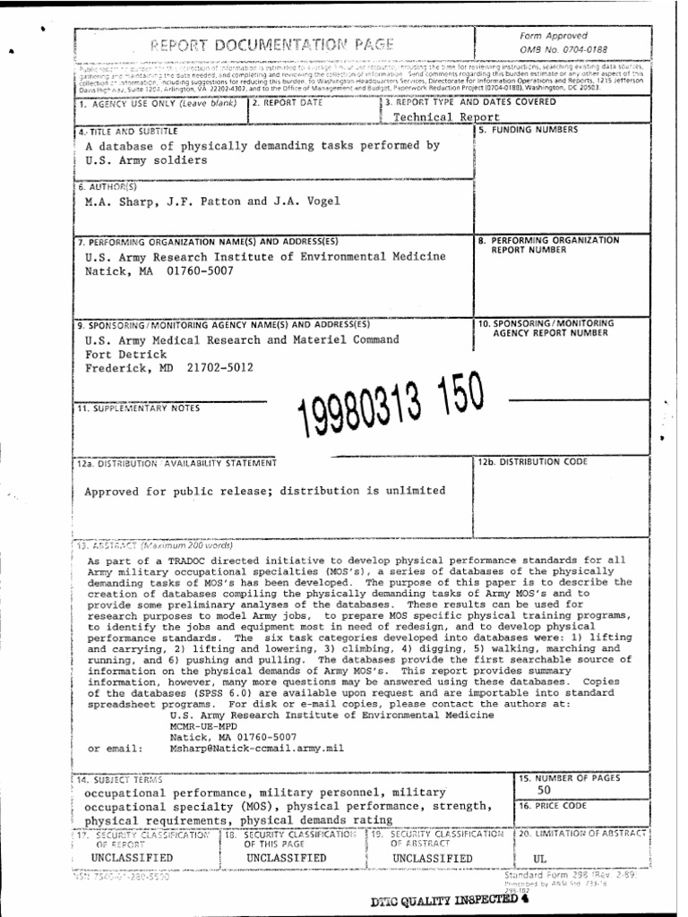 Report Documentation Page: A Database of Physically Demanding Tasks ...