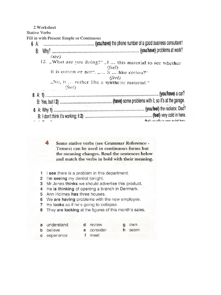 Stative Verbs Worksheet: Present Tenses | PDF