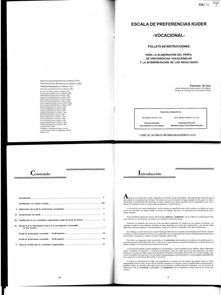 Manual de Interpretacion Kuder Vocacional PDF | PDF