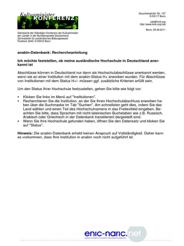 Anabin Rechercheanleitung Hochschule PDF | PDF