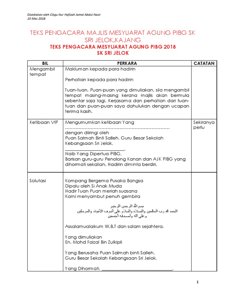 Teks Pengacara Majlis Mesyuarat Agung Pibg SK Sri Jelok 10032018 | PDF