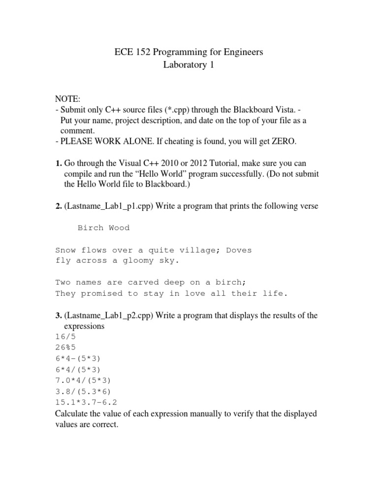 ECE 152 Programming For Engineers Laboratory 1: 1. Go Through The ...