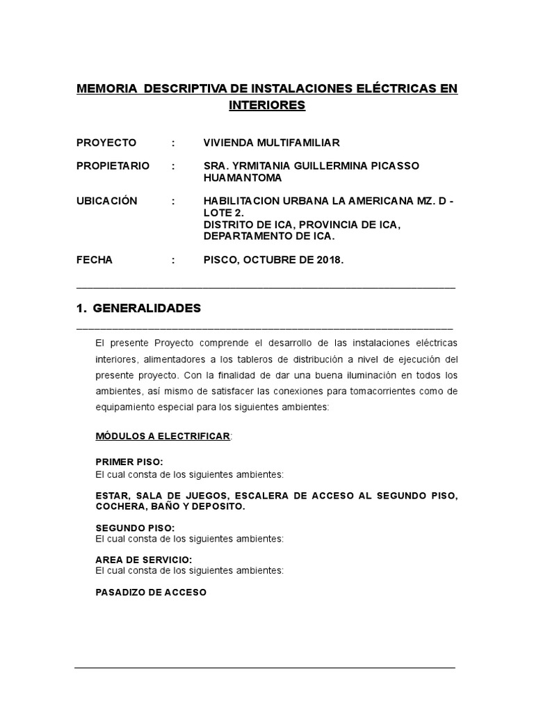Memoria-Descriptiva - Inst. Electricas - Licencia de Construccion - Picasso | PDF | Electricidad ...
