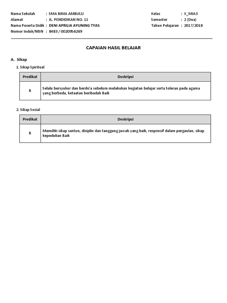 Blangko Rapot K13 | PDF