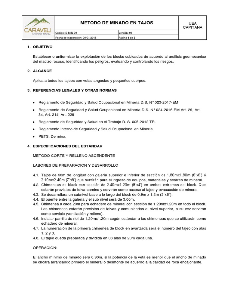 Estandar Metodo de Minado en Tajeos | PDF | Naturaleza | Compuestos ...