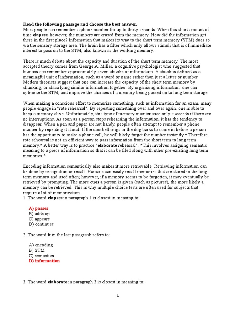 Exercise 4 | PDF | Memory | Recall (Memory)