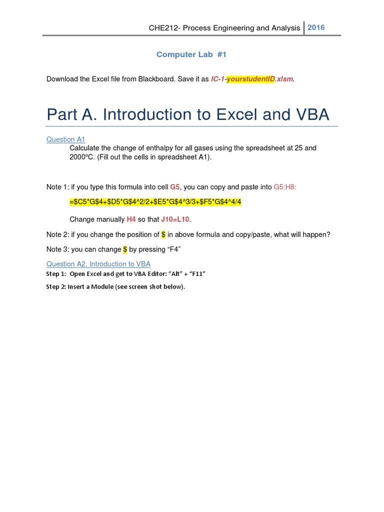 Part A. Introduction To Excel and VBA: Computer Lab #1 | PDF ...