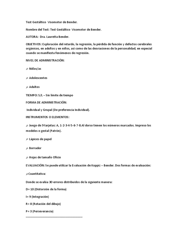 Test Gestáltico Visomotor de Bender | PDF | Neurociencia | Ciencia ...