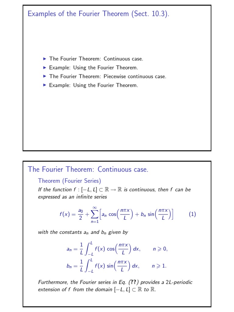 Examples of The Fourier Theorem (Sect. 10.3) | PDF | Fourier Transform ...