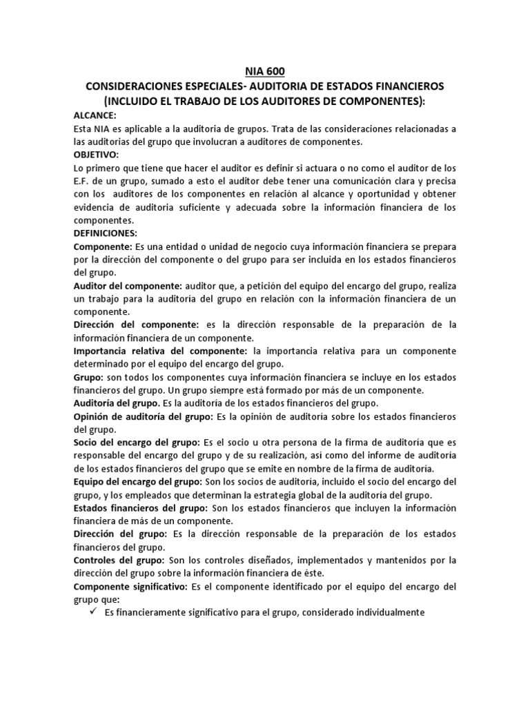 Resumen Nia 600 | PDF | Auditoría | Contralor