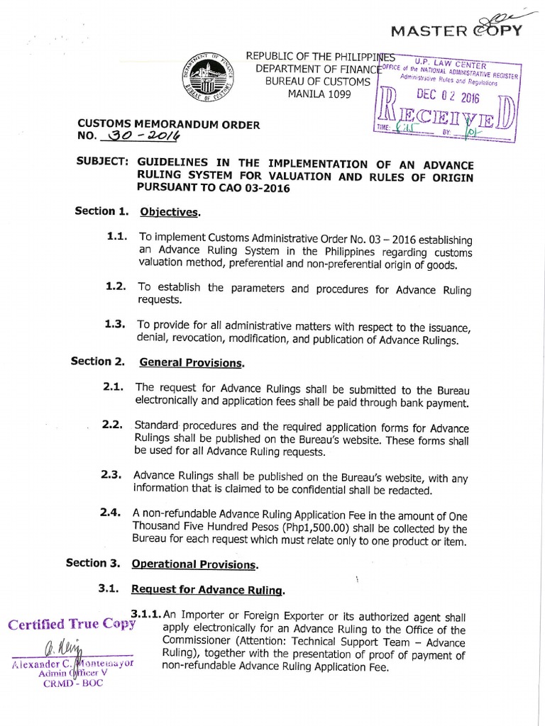 CMO 30 2016 Guidelines in The Implementation of An Advance Ruling ...