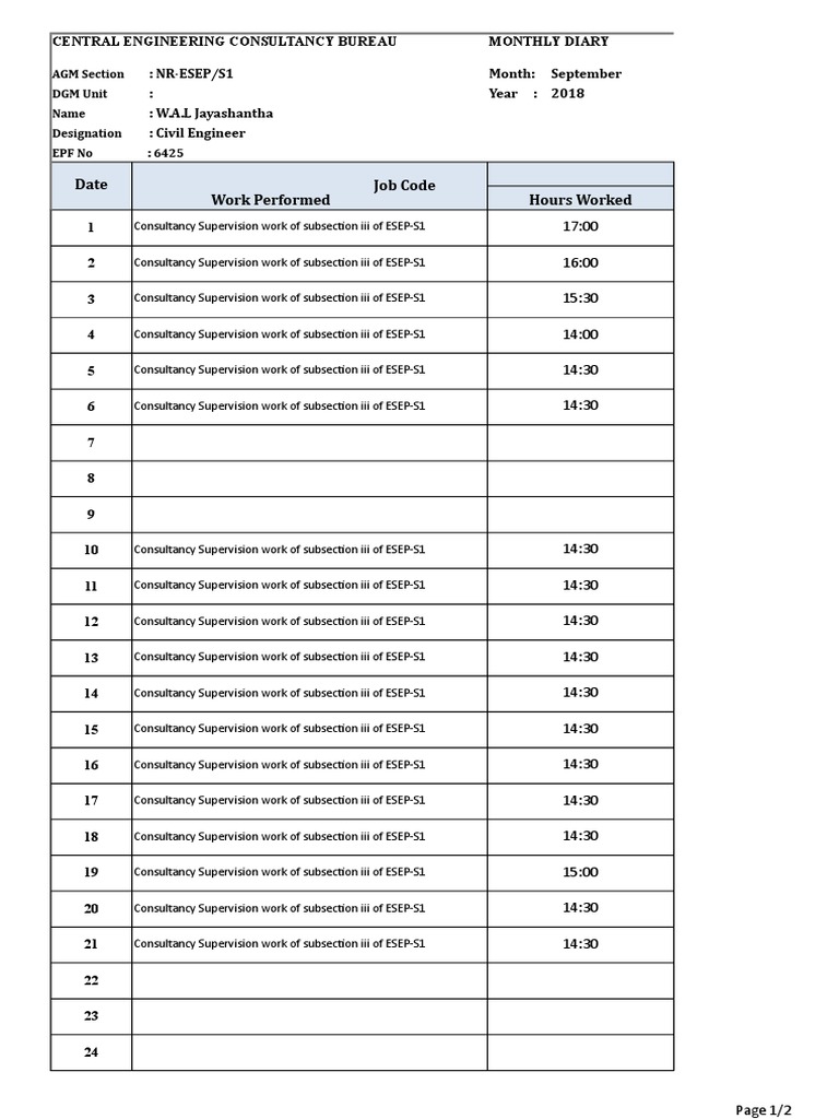 Monthly diary engineering consultancy work | PDF | Business