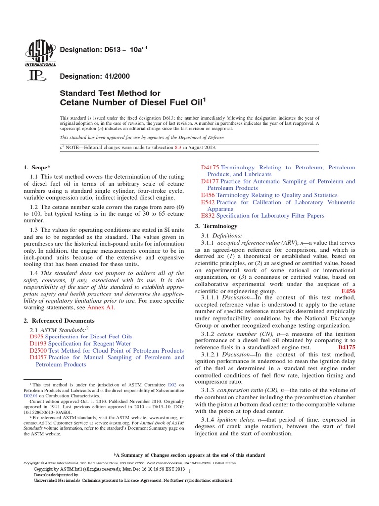 D613 Cetane Number of Diesel Fuel Oil PDF | PDF | Diesel Engine | Fuel ...