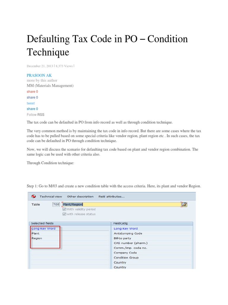 Defaulting Tax Code in PO - Condition Technique - SAP Blogs | PDF ...