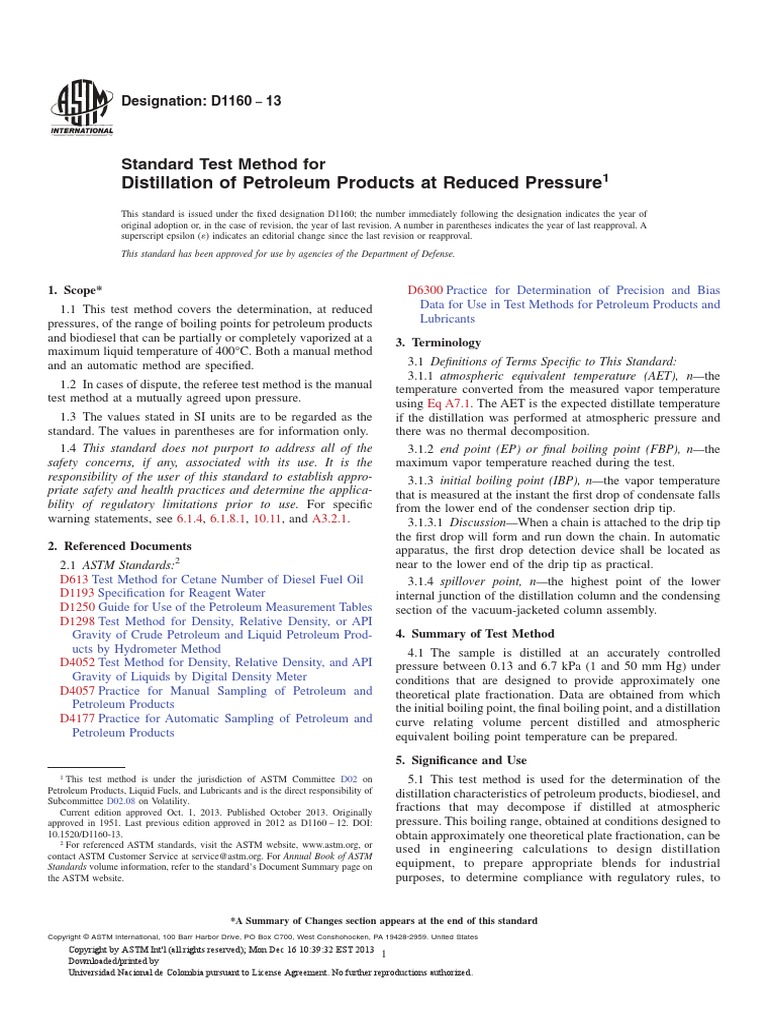 D1160 Distillation of Petroleum Products at Reduced Pressure PDF | PDF ...