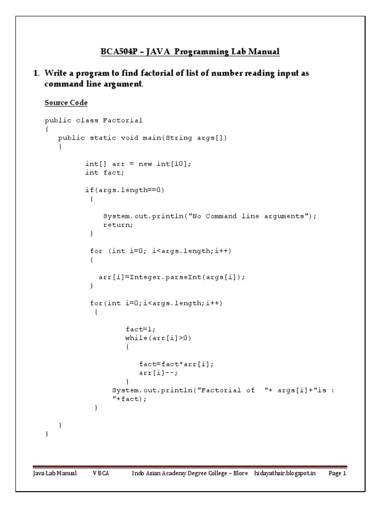 BCA504P - JAVA Programming Lab Manual 1. Write A Program To Find Factorial of List of Number ...
