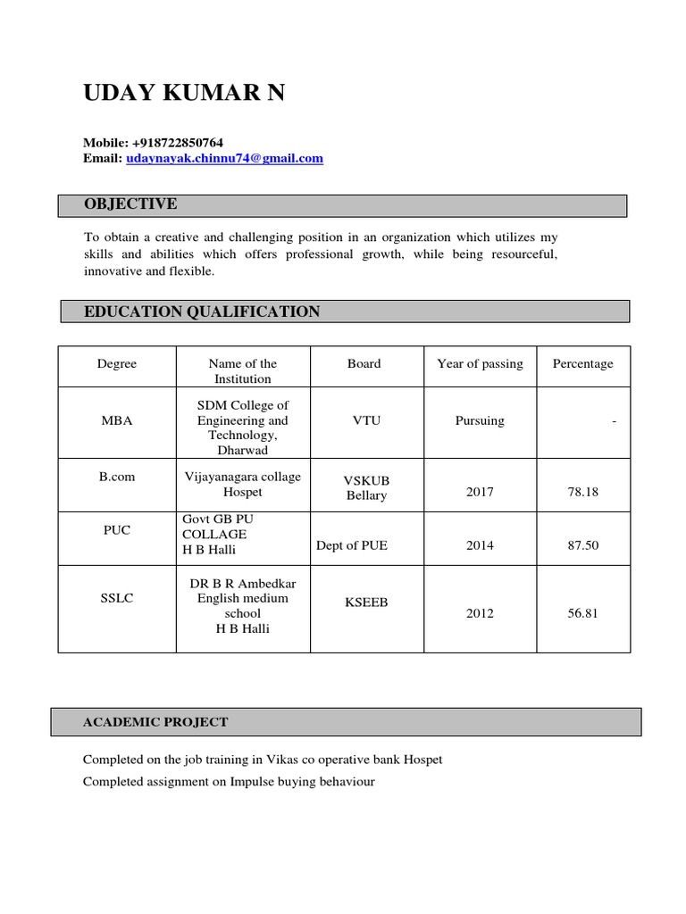 Uday Kumar N: Objective | PDF