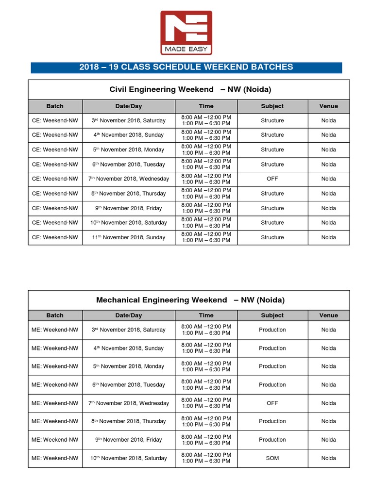 2018-19 Weekend Engineering Schedule | PDF | Workweek And Weekend ...