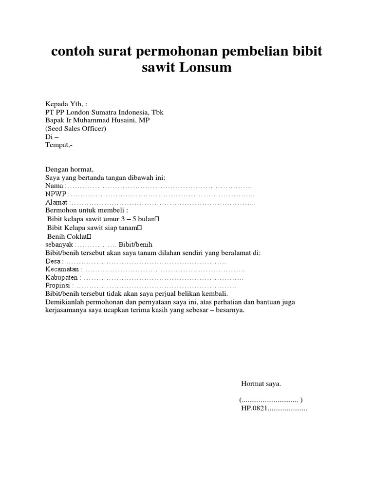Contoh Surat Permohonan Pembelian Bibit Sawit Lonsum | PDF