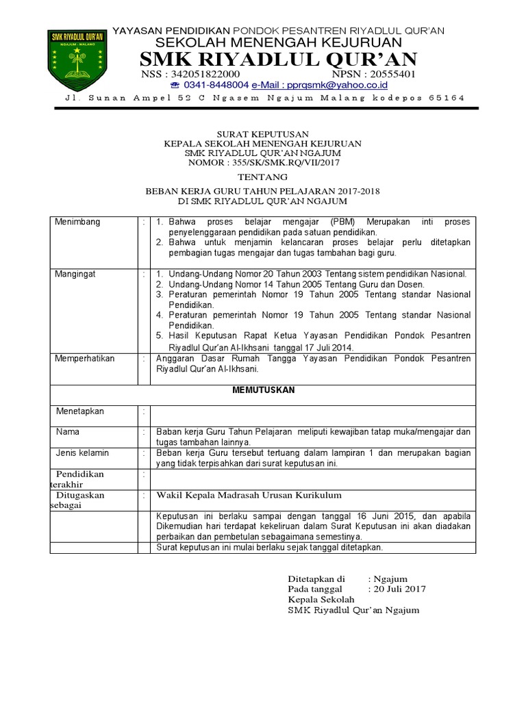 SK Kepala Sekolah Pengangkatan Staf | PDF