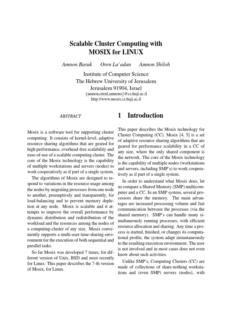 Scalable Cluster Computing With Mosix For Linux: Amnon Barak Oren La'adan Amnon Shiloh | PDF ...