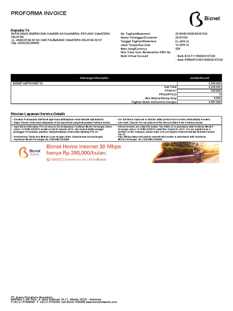Proforma Invoice Biznet April 2018 | PDF