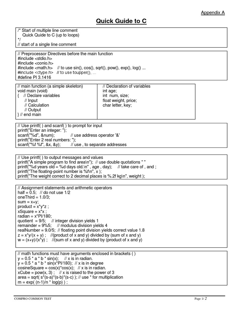 Quick Guide To C: Appendix A | PDF | Division (Mathematics) | Sine