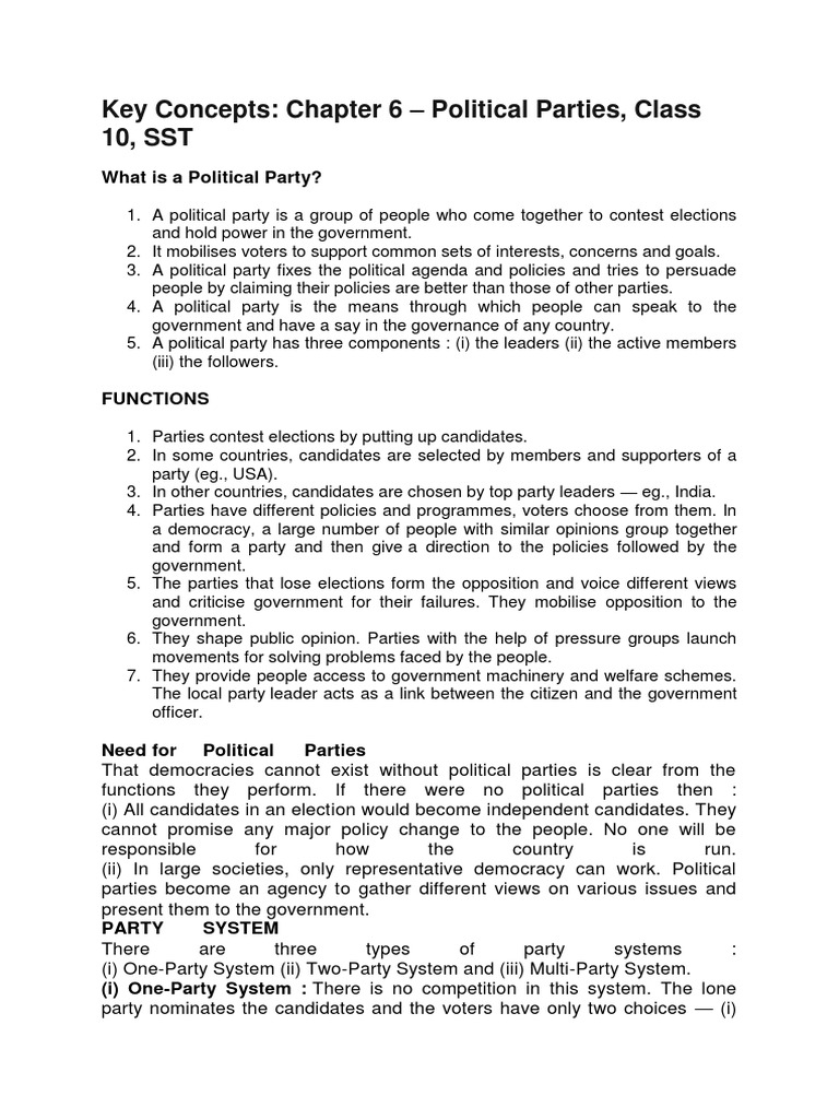 Key Concepts: Chapter 6 - Political Parties, Class 10, SST: What Is A ...
