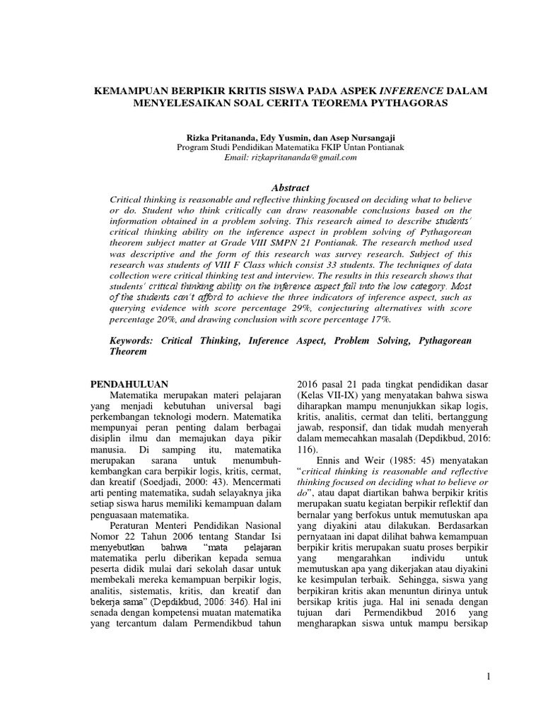 Kemampuan Berpikir Kritis Siswa Pada Aspek Inference Dalam Menyelesaikan Soal Cerita Teorema ...