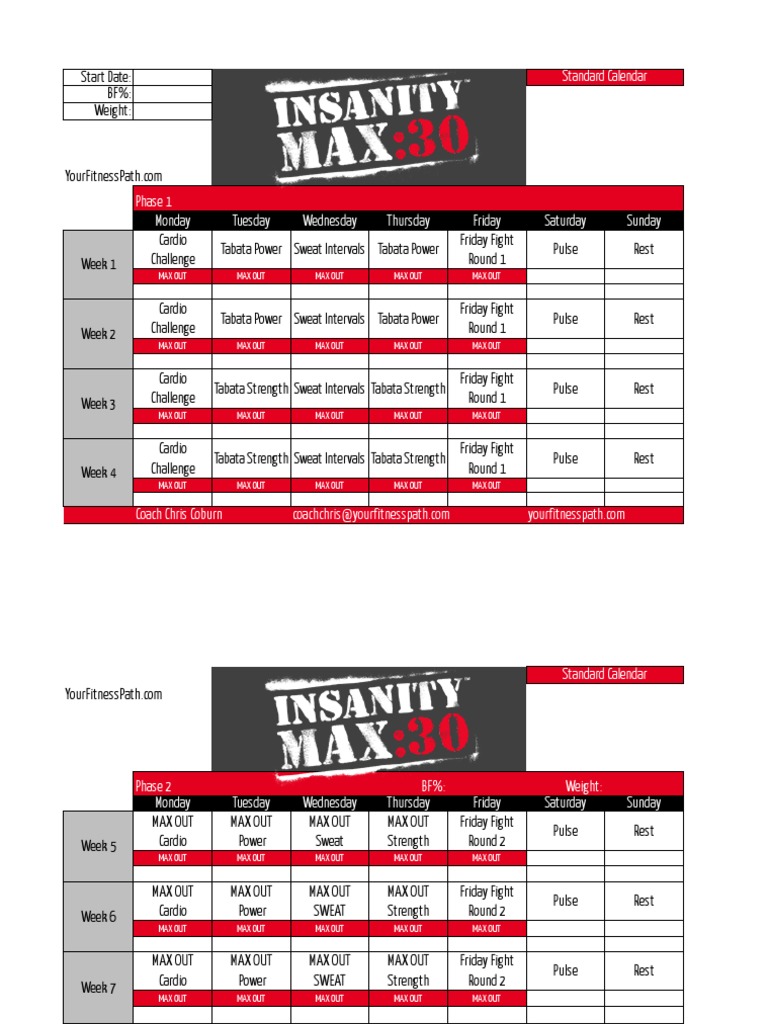 Insanity Max 30 Standard Calendar | PDF | Sports