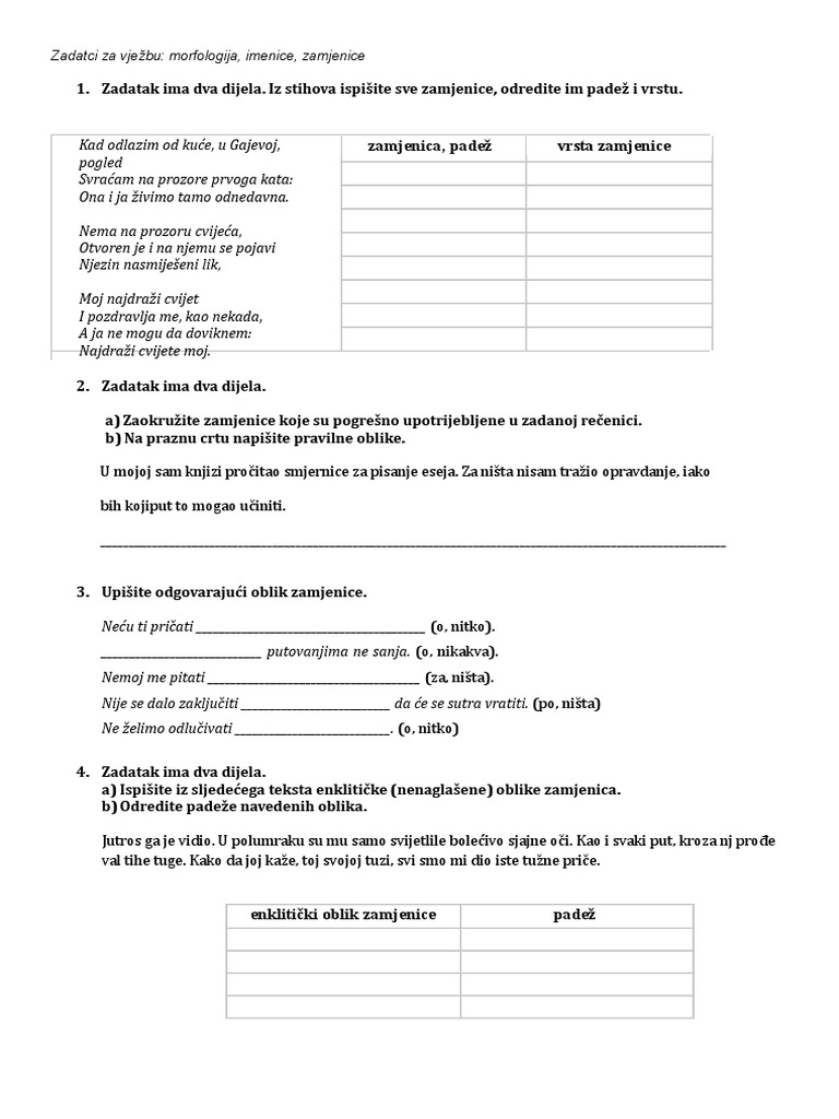 Imenice Zamjenice Vjezba | PDF