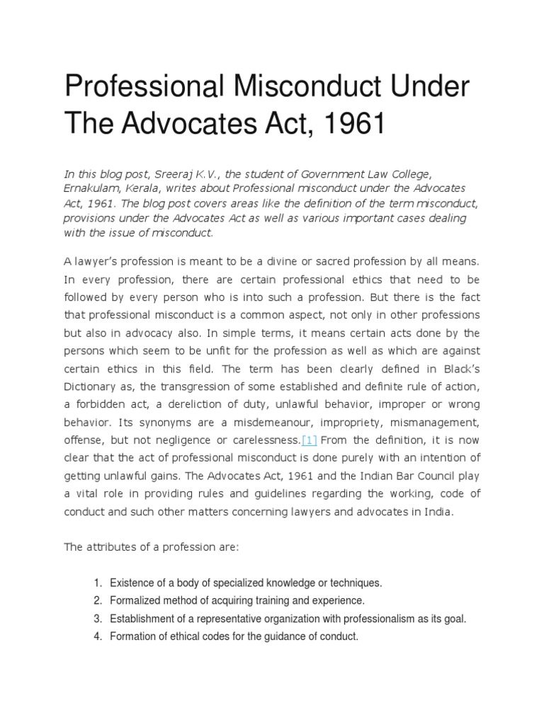 Professional Misconduct Under The Advocates Act | PDF | Advocate ...