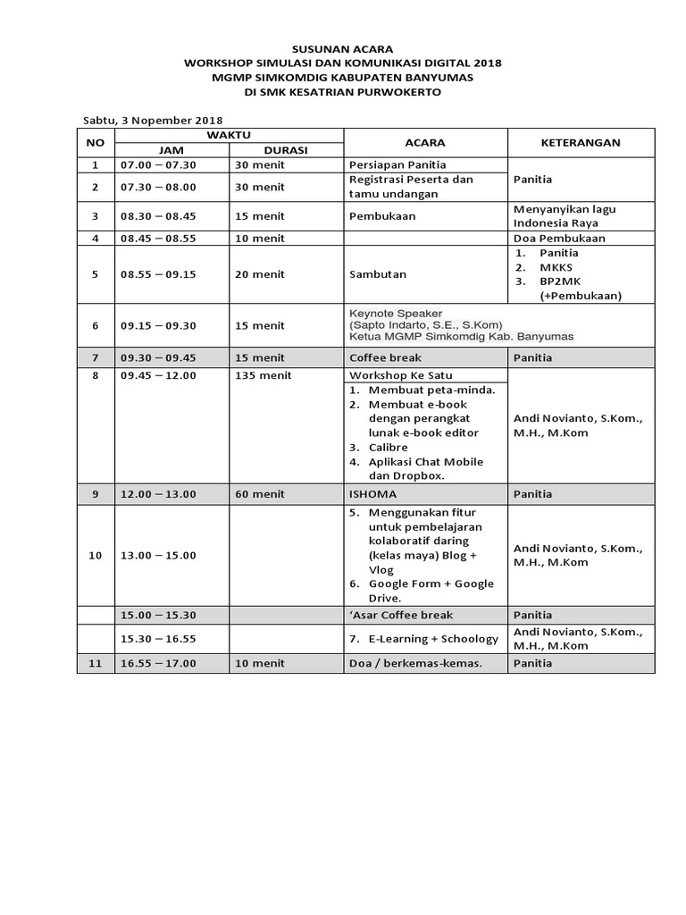 SUSUNAN ACARA Workshop SIMKOMDIG SMK Yos Sudarso Sokaraja Banyumas | PDF