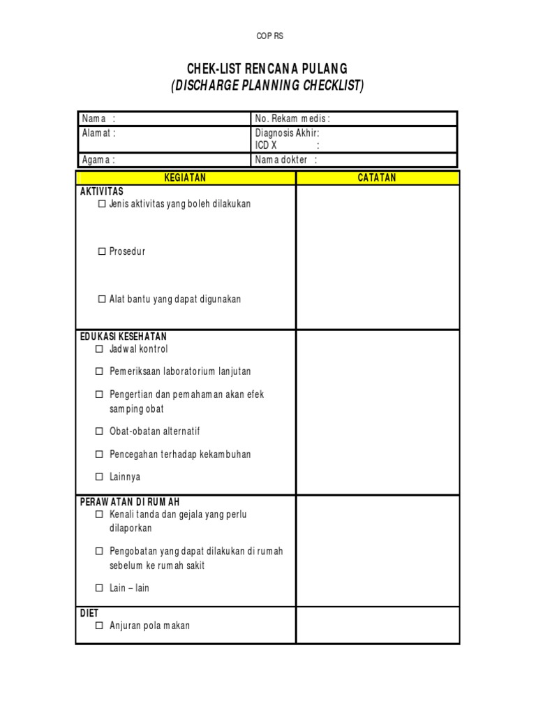 DISCHARGE PLANNING CHECKLIST Ok PDF | PDF