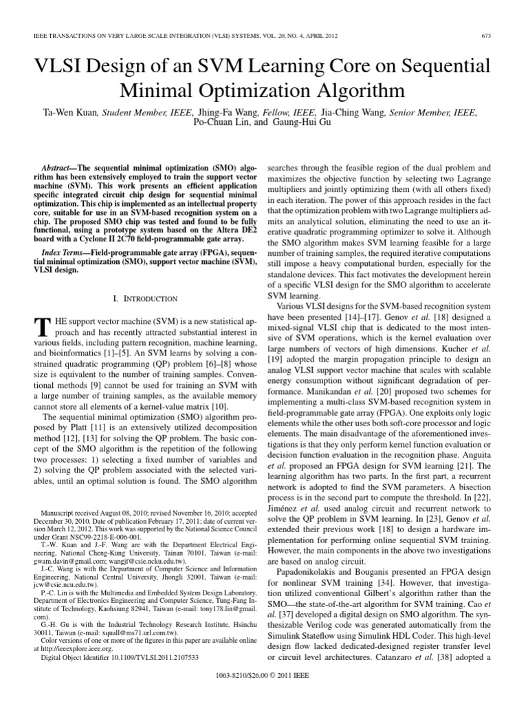 VLSI Design of An SVM Learning Core On Sequential Minimal Optimization Algorithm | PDF | Support ...