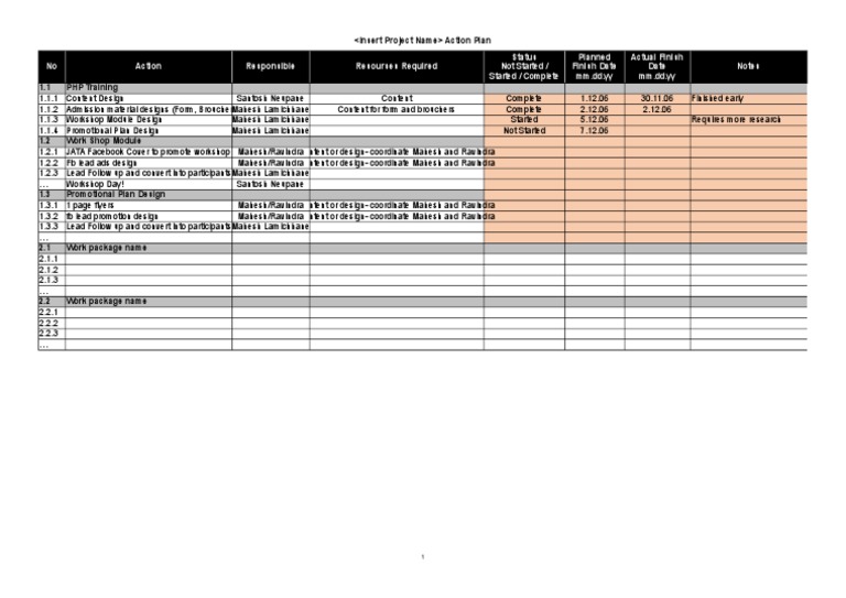 No Action Responsible Resourses Required Notes Status Planned Finish ...