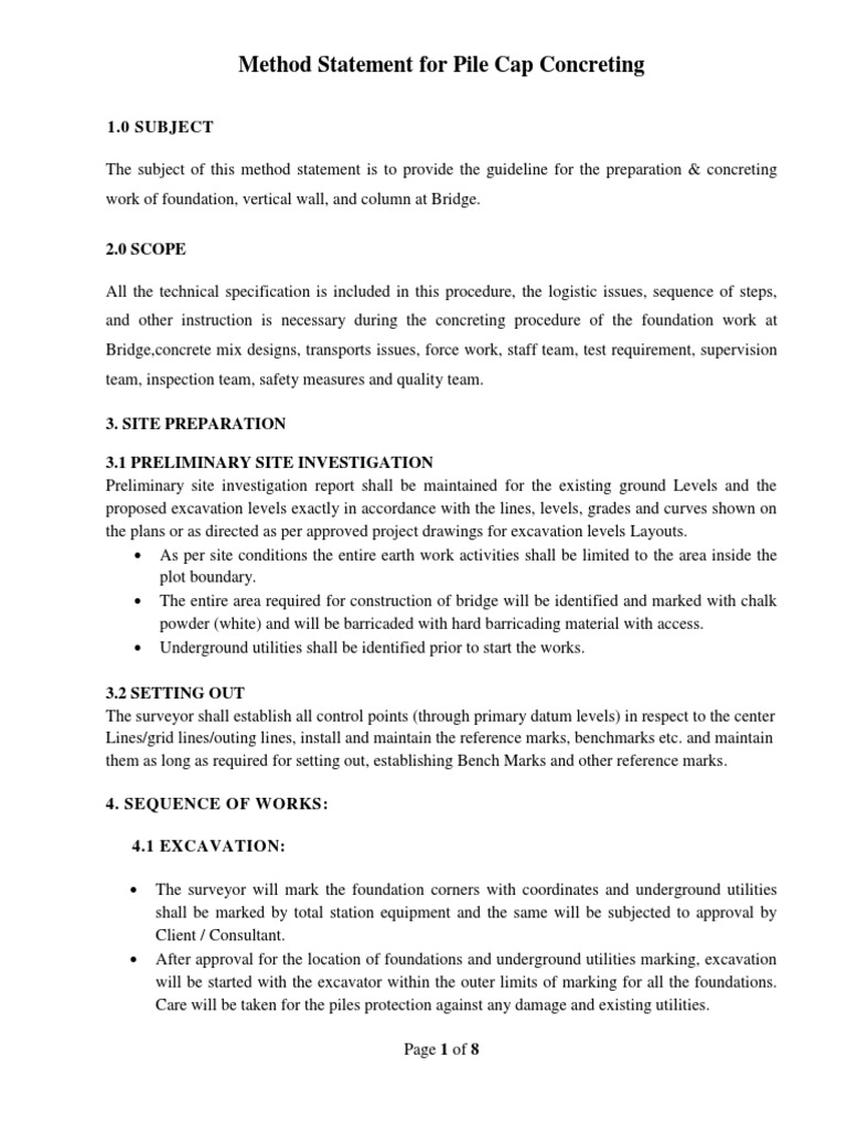Method Statement for Pile Cap Concreting | Concrete | Deep Foundation