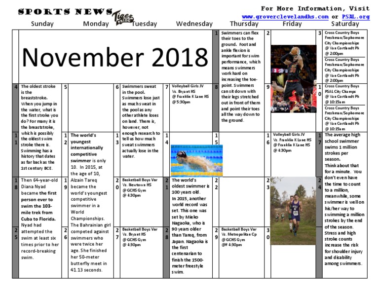 Sports Calendar November 2018 | PDF | Swimming (Sport) | Athletic Sports