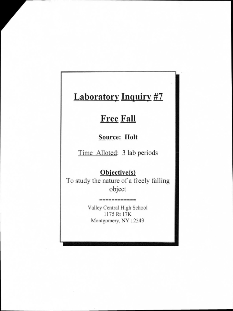 Laboratory Inquiry Free Fall: Time Alloted: 3 Lab Periods | PDF ...