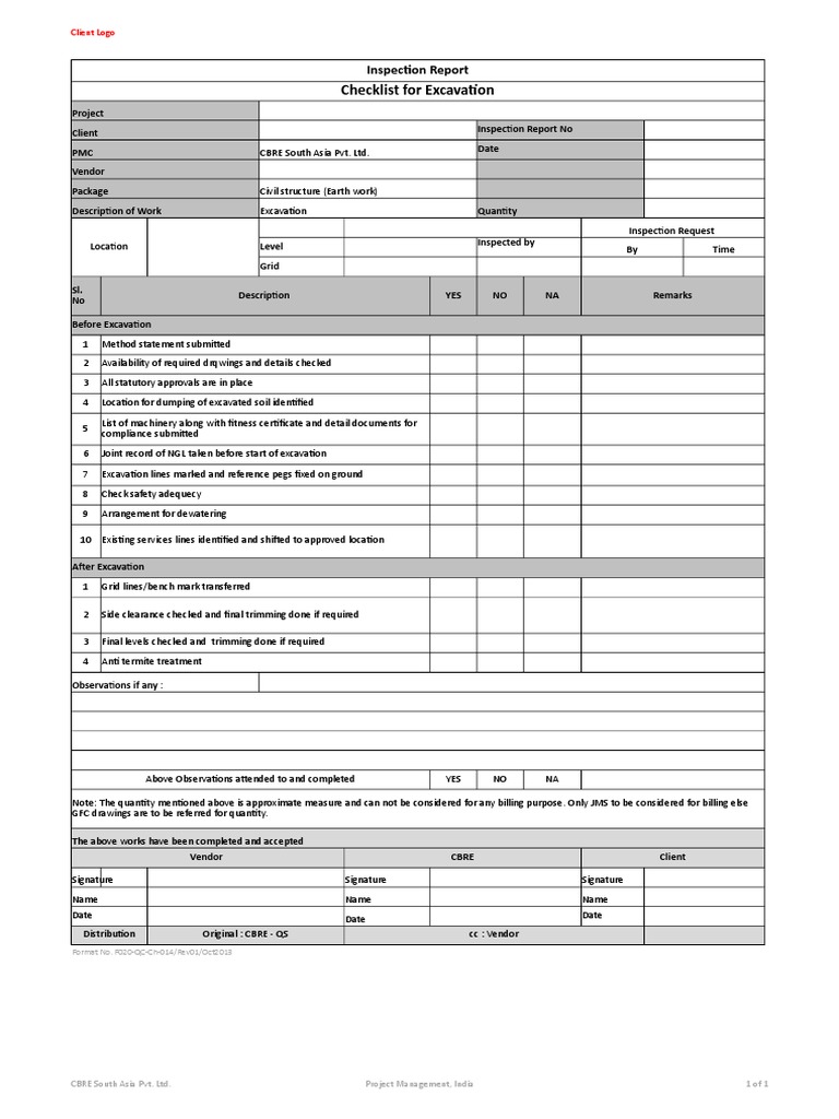 Checklist For Excavation: Inspection Report | PDF | Business
