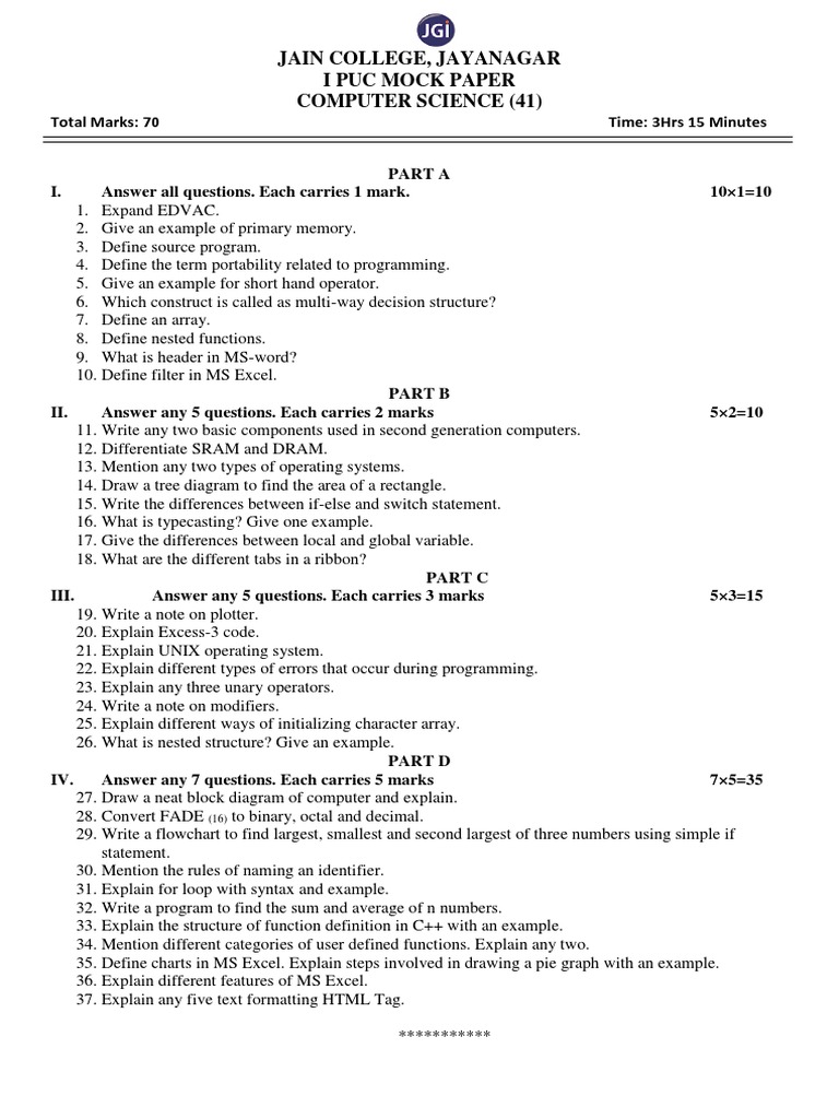 I Puc Computer Science Mock Paper | PDF | Microsoft Excel | Computer ...
