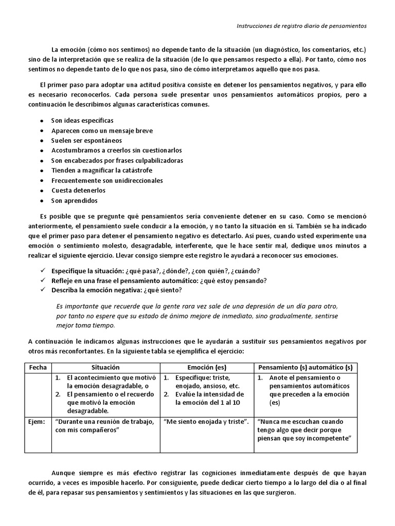 Registro Diario De Pensamientos Automaticos Pdf Las Emociones