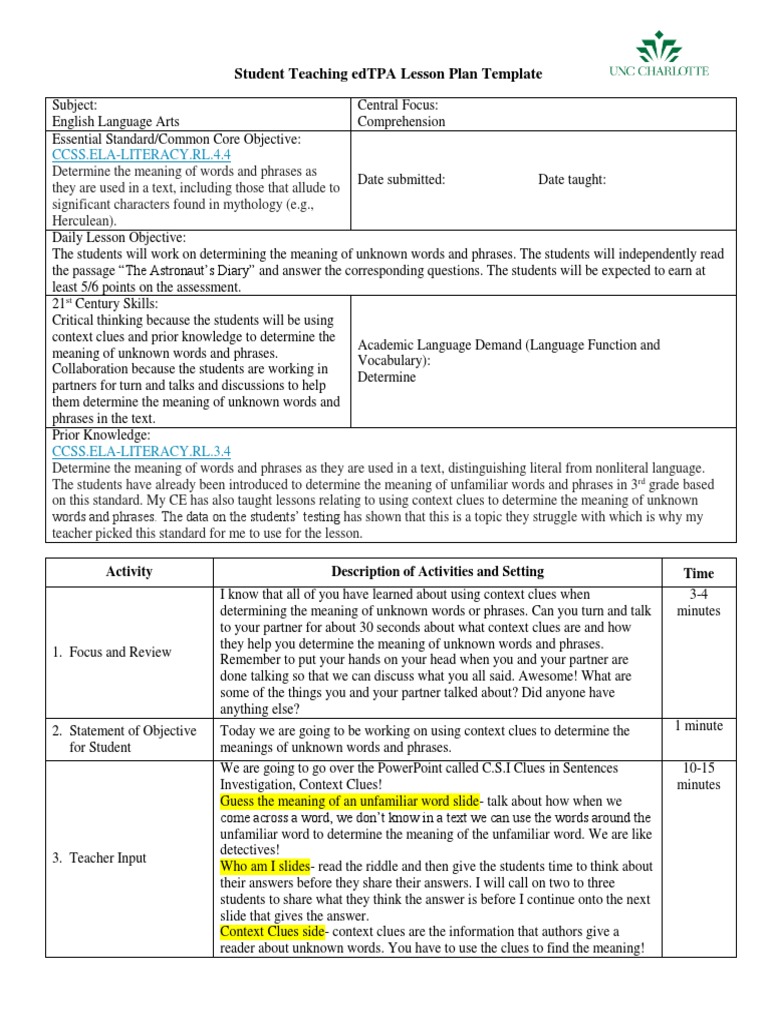 Student Teaching Edtpa Lesson Plan Template: Ccss - Ela-Literacy - Rl.4 ...